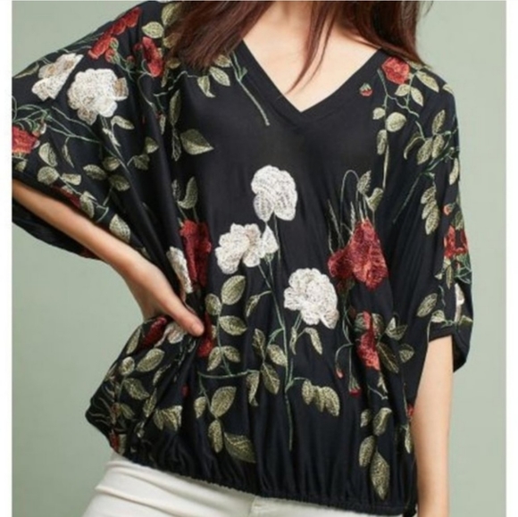 Anthropologie | Tops | Akemi Kin Black Floral Embroidered Dolman Top ...